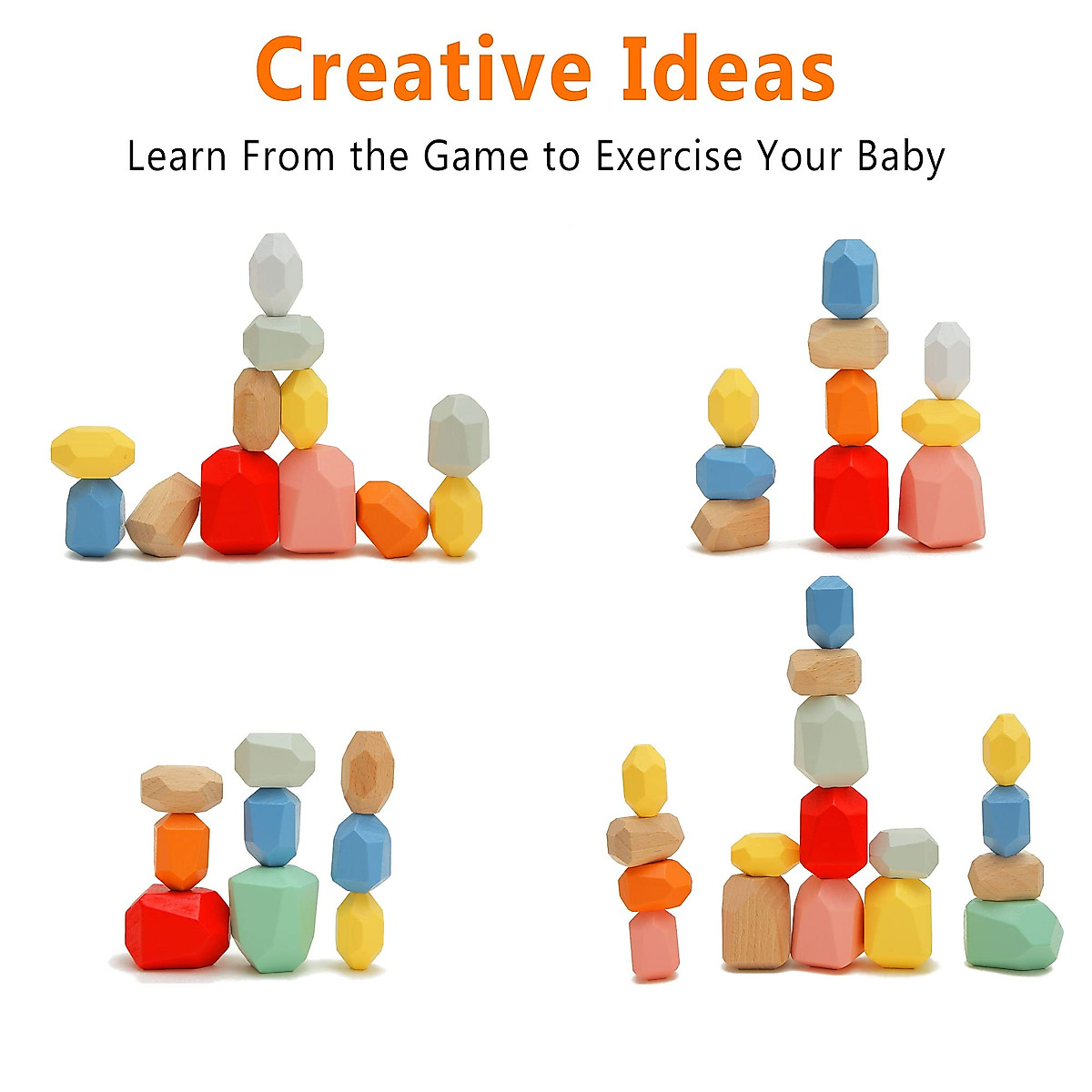 DORLETEM 36PCS Wooden Balancing Stacking Rocks Stones, Building Blocks Set, Montessori Educational Preschool Learning Sensory Toys Lightweight Sorting Wooden Blocks for Kids