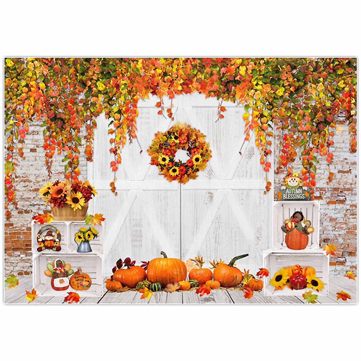 Allenjoy 84" x 59" White Autumn Barn Door Photo Backdrop Kids Pet Thanksgiving Photography Picture Fall Harvest Maple Leaves Pumpkin Baby Shower Party Supplies Decoration Banner Booth Prop Background