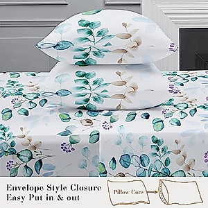 YIYEA Queen Sheet Set - Plant Print - Luxury Brushed Microfiber Bed Sheets - Lightweight Breathable Cooling Sheets for Queen Size Bed - 16" Deep Pocket, Shrinkage, and Fade Resistant - 4 PC