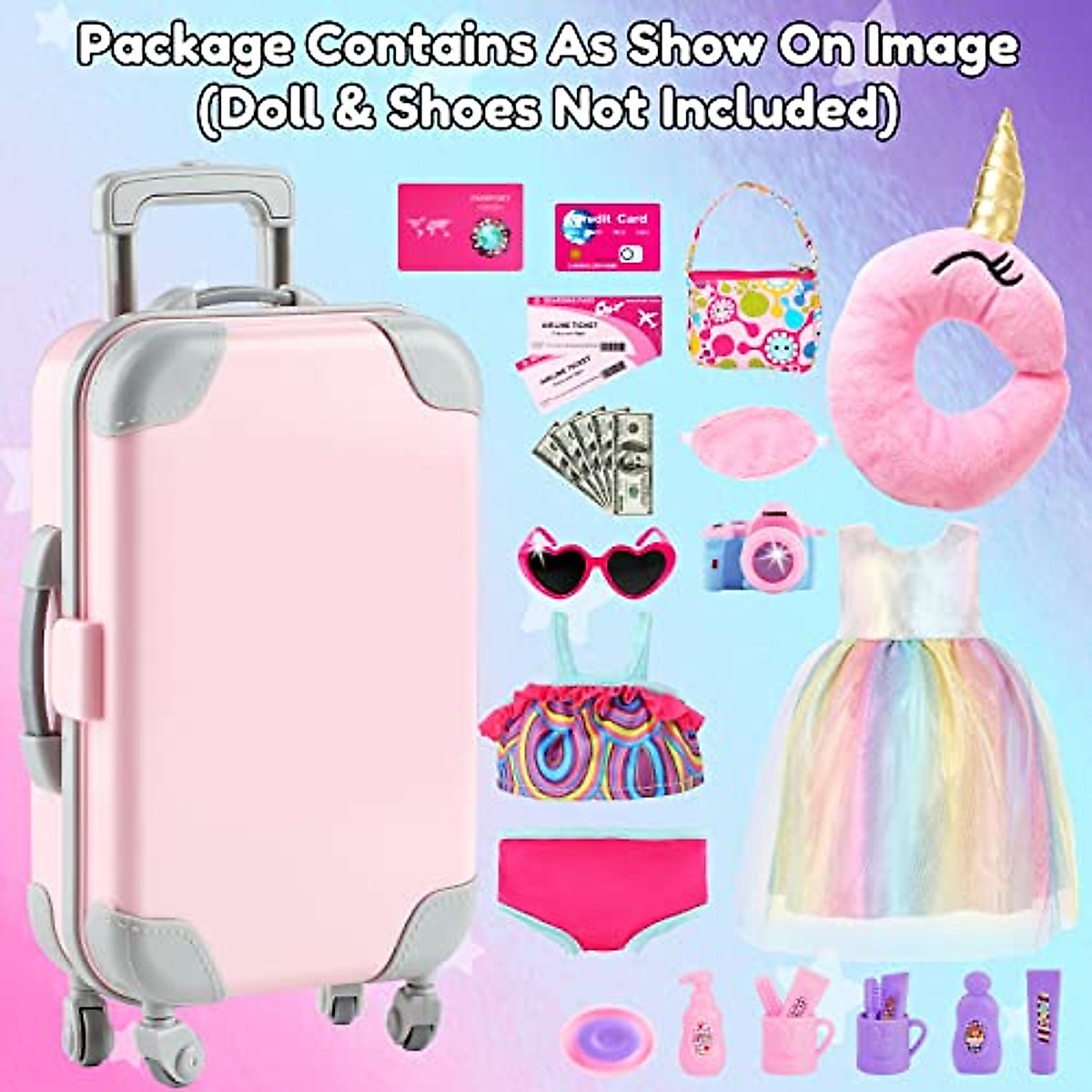 GIFTINBOX 29PCS 18 Inch Girl Doll Clothes and Accessories-Travel Play Set for Dolls, Doll Stuff with Clothes, Luggage, Swimsuit, Wallet cashes... Gifts for Girls Birthday, Christmas
