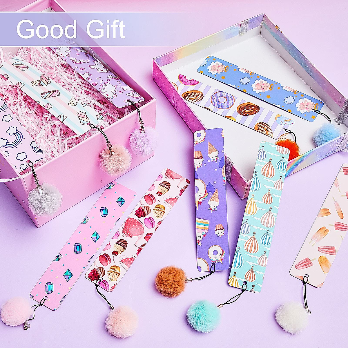 12 Pieces Kids Bookmarks, Cute Bookmarks for Kids Girls, Bookmarks Gifts for Women, Girls, Teens, Rulers for Kids, Animal Bookmarks, Party Favors School Classroom Reading Presents (Pom Pom Style)