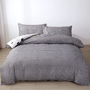 Akiky Plaid Duvet Cover Set Full Comforter Cover Set Cartoon and Buffalo Check Gingham Geometric Checker Pattern Printed in White and Black Reversible Bedding Set with Zipper Closure