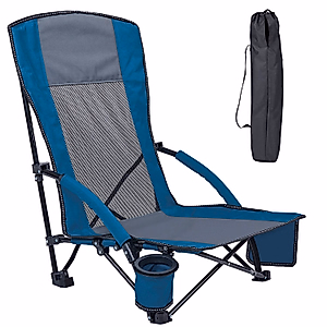 XGEAR High Back Low Seat Folding Beach Chair with Cup Holder and Carry Bag, Mesh Back Sand Chair for Beach, Lawn, Camping, Travel, Support Up to 300 lbs (1chair Blue)