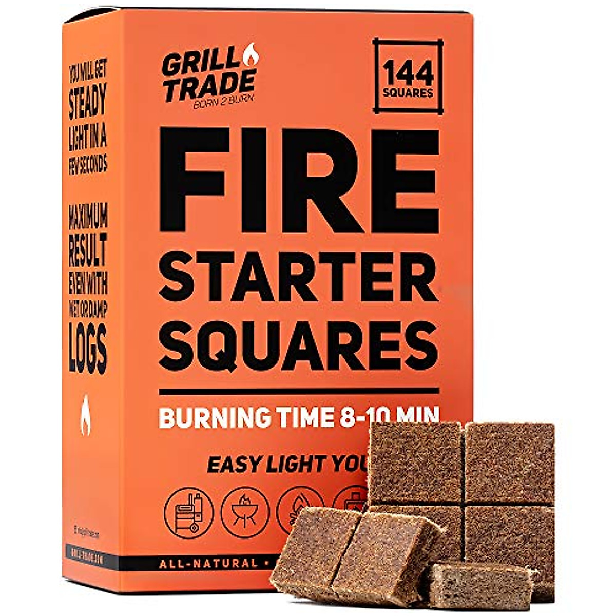 Grill Trade Fire Starter Squares 144, Easy Burn Your BBQ Grill, Camping Fire, Wood Stove, Smoker Pellets, Lump Charcoal &Natural Fire Starters Burn Wood Stove Grill Fireplace Camping Pit BBQ Charcol
