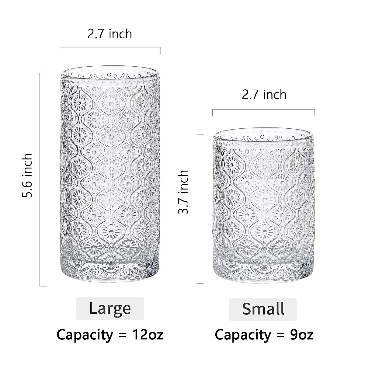 SoulTimes Glass Cups Vintage Glassware Set of 4, Drinking Glasses 12.5oz, Embossed Pattern Style Transparent Cocktail Glasses Set, for Ice Coffee,Juice,Beer,Bar Beverages,Drinkware, Transparent (L)