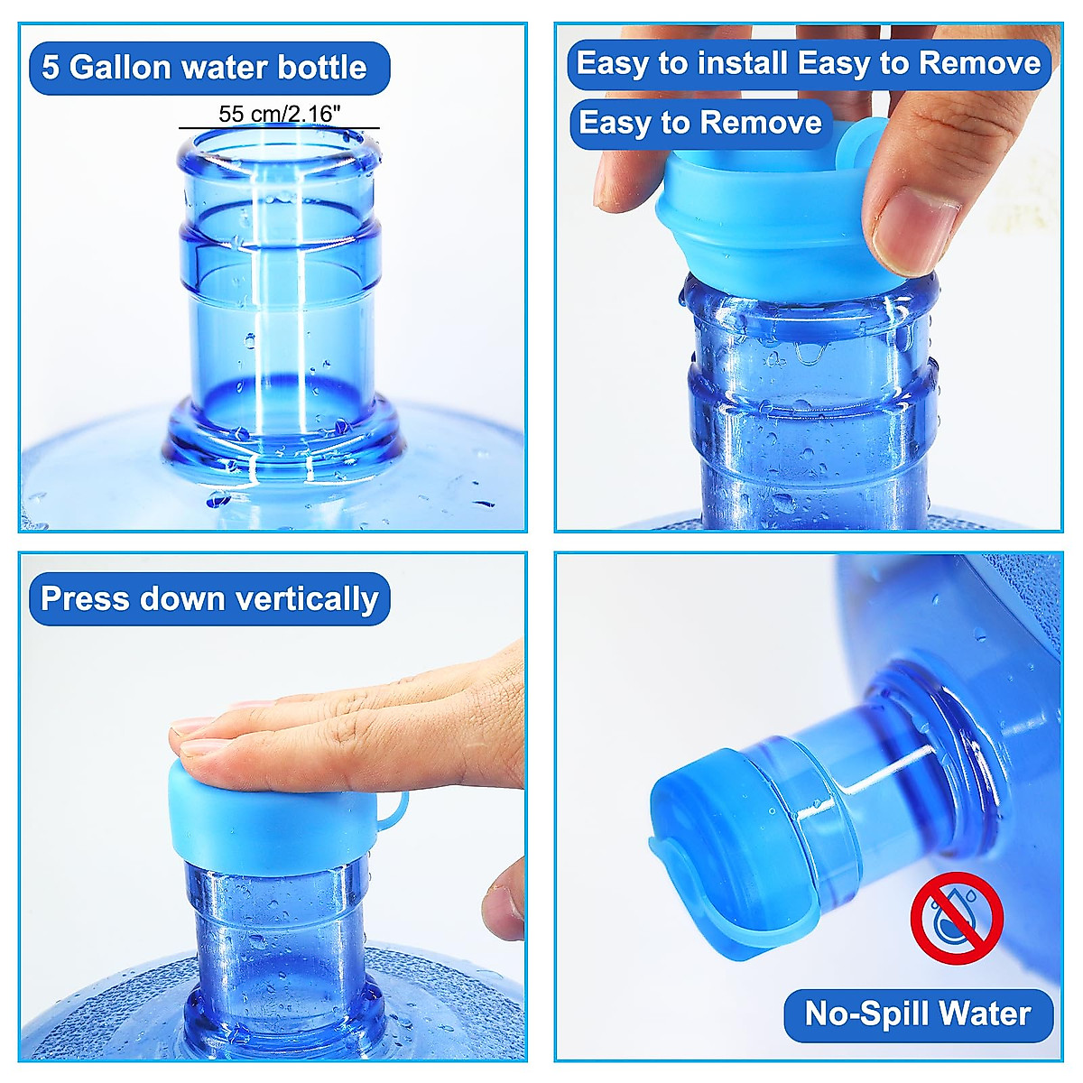 Myvision Secure Cap for Water Dispenser 3-5 Gallon Water Jug Cap Reusable, Silicone Replacement Cap, Non Spill Bottle Caps for 2.16in/55mm Bottle Water Dispenser Caps (4)