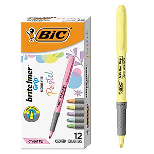BIC Brite Liner Grip Pastel Highlighter Set, Chisel Tip, 12-Count Pack of Assorted Colors, Cute Highlighters for Bullet Journal Exercises, Note Taking and More