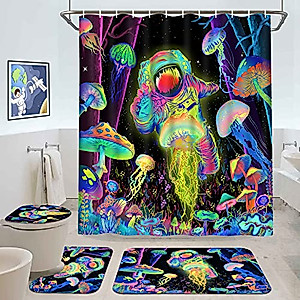 Alishomtll 4 Pcs Blacklight Astronaut Kids Shower Curtain Sets with Rugs, Black Light Space Bathroom Set with Shower Curtain and Rugs, Mushroom Jellyfish Bathroom Sets Decor for Men