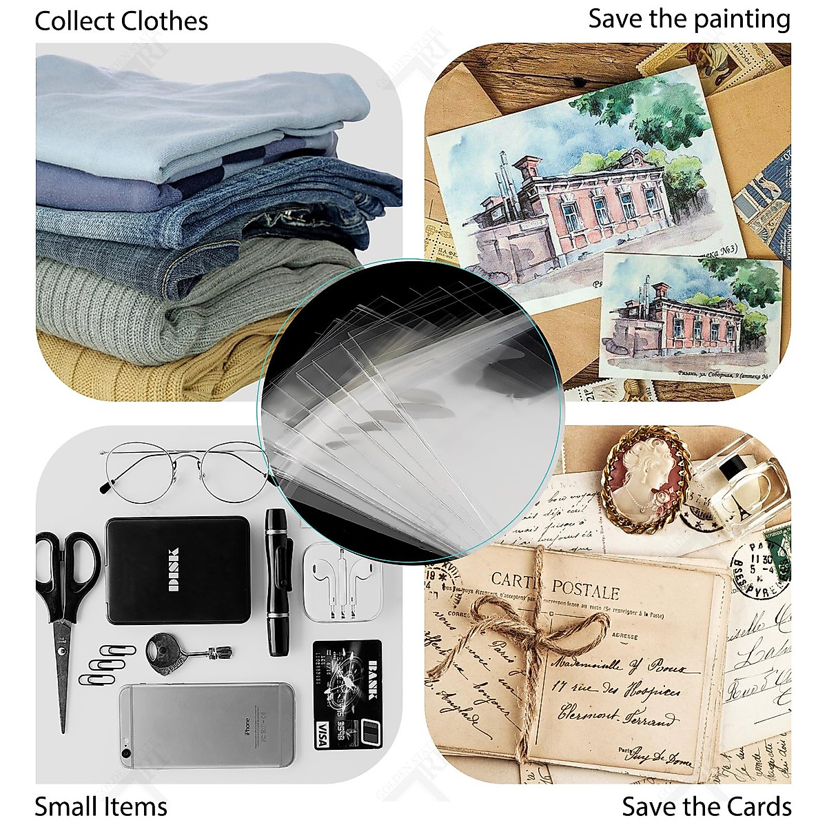 Golden State Art, 100 Pack 7X10 Inch Acid-Free Crystal Clear Sleeves Storage Bags, Resealable Cellophane Bags for Prints, Photos, Cards & Envelopes, Party Decorative