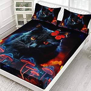 AILONEN Black Cat Fitted Sheet Full Size, Cat with Butterfly Bedding Set for Teens Boys Girls,Magic Mushroom Bed Sheet Set,Boho Style Starry Night Bedsheets Set,1 Fitted Sheet and 2 Pillowcases