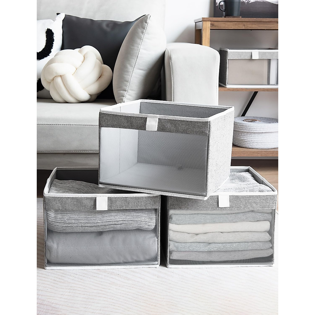 StorageWorks Closet Storage Bins, Large Storage Baskets with Clear Window and Handles, Fabric Organizer for Clothes, Foldable Cube for Shelves, Gray, 3 Pack