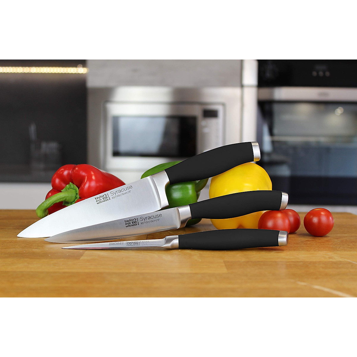 Taylors Eye Witness Syracuse Kitchen Knife 3pce Set - Paring 9cm/3.5”, Chefs 15cm/6” & Cooks All Purpose 13cm/5” Cutting Edge. Ultra Fine, Razor Sharp Blade. Soft Textured Grip Matte Black Handle.