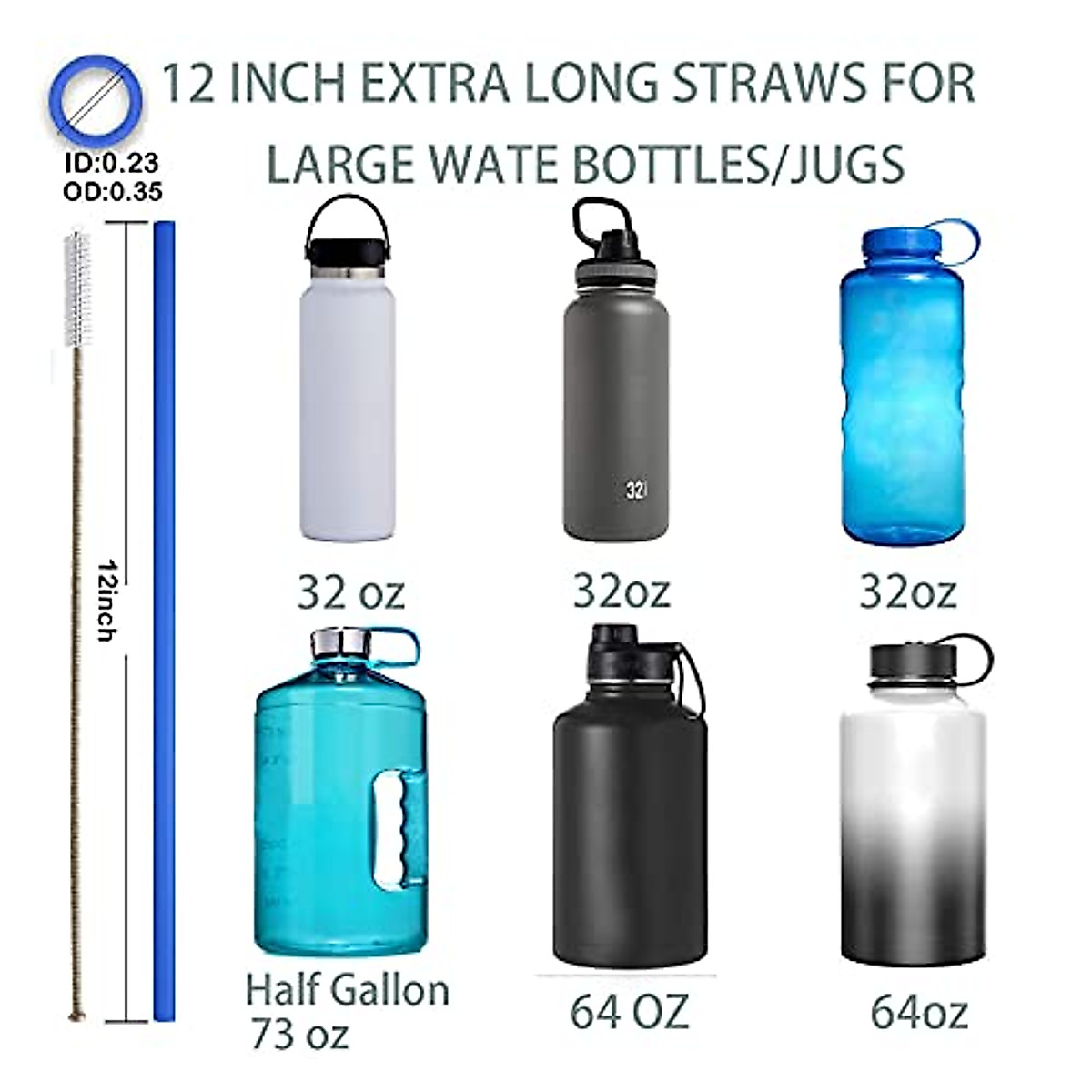 Half Gallon Straw-12 Inch Extra Long Reusable Silicone Straws for 32 oz Tall Tumbler, 40 oz Hydro Flask,64 oz Gallon Water Bottle, Hydro Water Jug YETI RTIC-Flexible Large Big-8 Pack