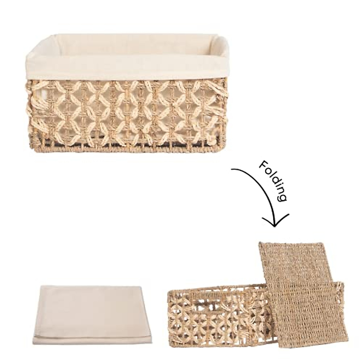 WERORA - Wicker Storage Basket for Shelves with Detachable Lining, Foldable Woven Basket Organizer Bins Set of 2, Seagrass Storage Basket Bins, Rectangle Pantry Baskets for Storage