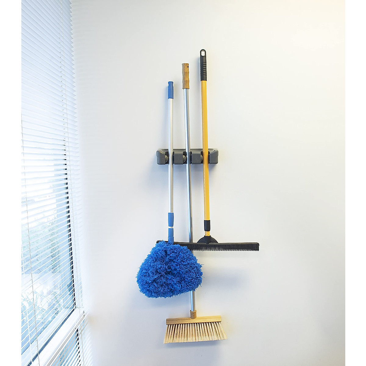 Grip & Store Magic Holder, 3-Position Broom and Mop Holder, Tool Organizer, Easy Install, Household Organization, Gray