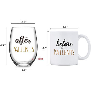 Gtmileo Before Patients, After Patients 11oz Coffee Mug and 15oz Stemless Wine Glass Gift Set, Nurses Week Birthday Graduation Gift Idea for Nurse RN Doctors Hygienists Physicians Dentists