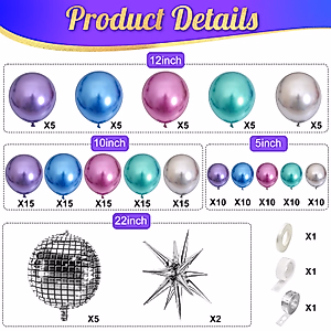 WOZOZOW 161PCS Metallic Neon Balloons Arch Kit, Disco Ball Balloons, Metallic Purple Blue Magenta Hot Pink Silver Green Chrome Disco Balloons Arch for Birthday 70s 80s 90s Theme Disco Party