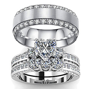 LOVERSRING 3pc His and Hers Couple Ring Bridal Set His Hers Women White Gold Filled Heart Cz Man Titanium Wedding Ring Band Set