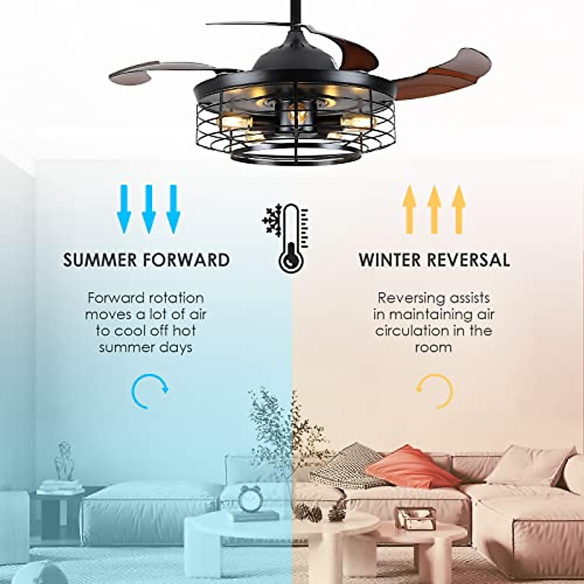 Asyko Retractable Ceiling Fans with Lights and Remote-Caged Farmhouse Ceiling Fan Lights Black, Rustic Industrial Ceiling Fan with Light for Patio Living Room Bedroom（42'' Bulb Included）