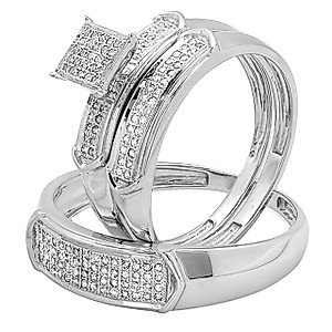 Dazzlingrock Collection 0.30 Carat (ctw) Round White Diamond Mens & Womens Trio Bridal Wedding Ring Set 1/3 CT, Sterling Silver