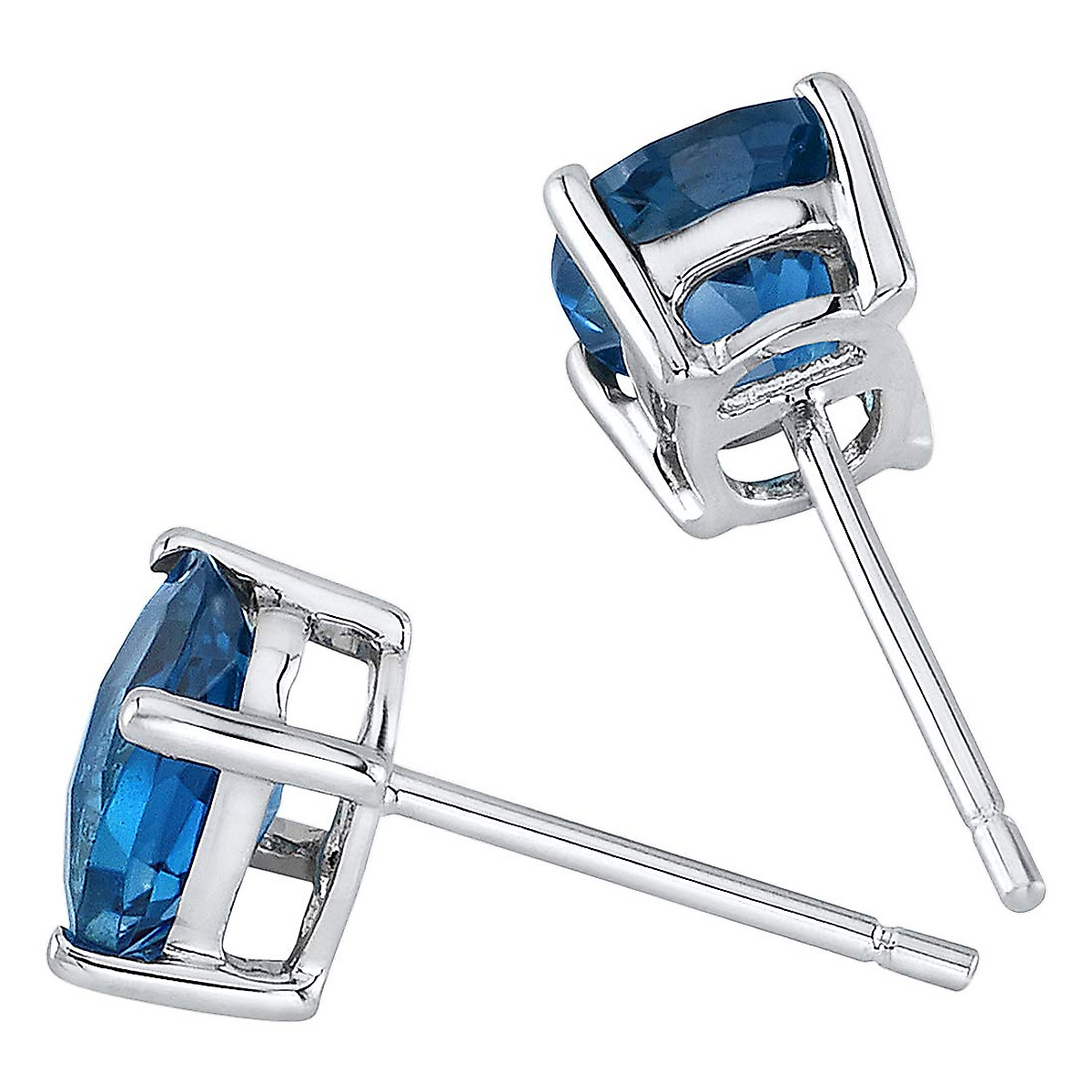Peora 14K White Gold London Blue Topaz Earrings for Women, Natural Gemstone Classic Solitaire Studs, 7x5mm Oval Shape, 2 Carats total, Friction Back