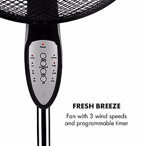 Klarstein Summerjam - Pedestal Fan, Stand Fan, Rotor Diameter: 16 inches, 50 Watts, 3 Speeds, Oscillation: 80 °, Timer, Remote Control, Height Adjustable, Color: Black
