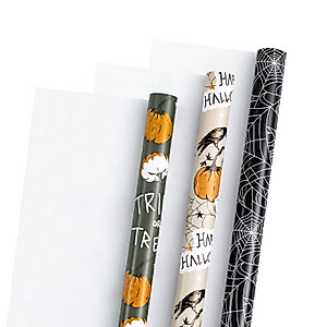 LeZakaa Halloween Wrapping Paper Roll - Mini Roll - Spooky Design with Pumpkins, Ravens, Spider Webs for Gift Wrap, DIY Craft - 17 x 120 inches - 3 Rolls (42.5 sq.ft.ttl.)