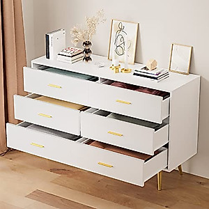 RESOM Dresser for Bedroom, 6 Drawer Double Dresser with Metal Handles, Modern Design, White and Gold Dresser for Closet Hallway,Bedroom (White)