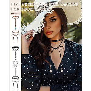 Sureio 6 Pcs Women Black Leather Velvet Long Choker Gothic Boho Brown Wrap Velvet Choker Long Chain Tassels Modern Choker with Velvet Bag for Girls Cowgirl