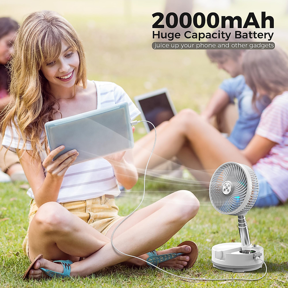 Battery Operated Fan - 20000mAh Rechargeable Camping Fan, 112H Runing Time, Oscillating Foldable Fan with Remote & LED Light, Timer & Digital Display Foldaway Fan for Travel Outdoor RV Hurricane