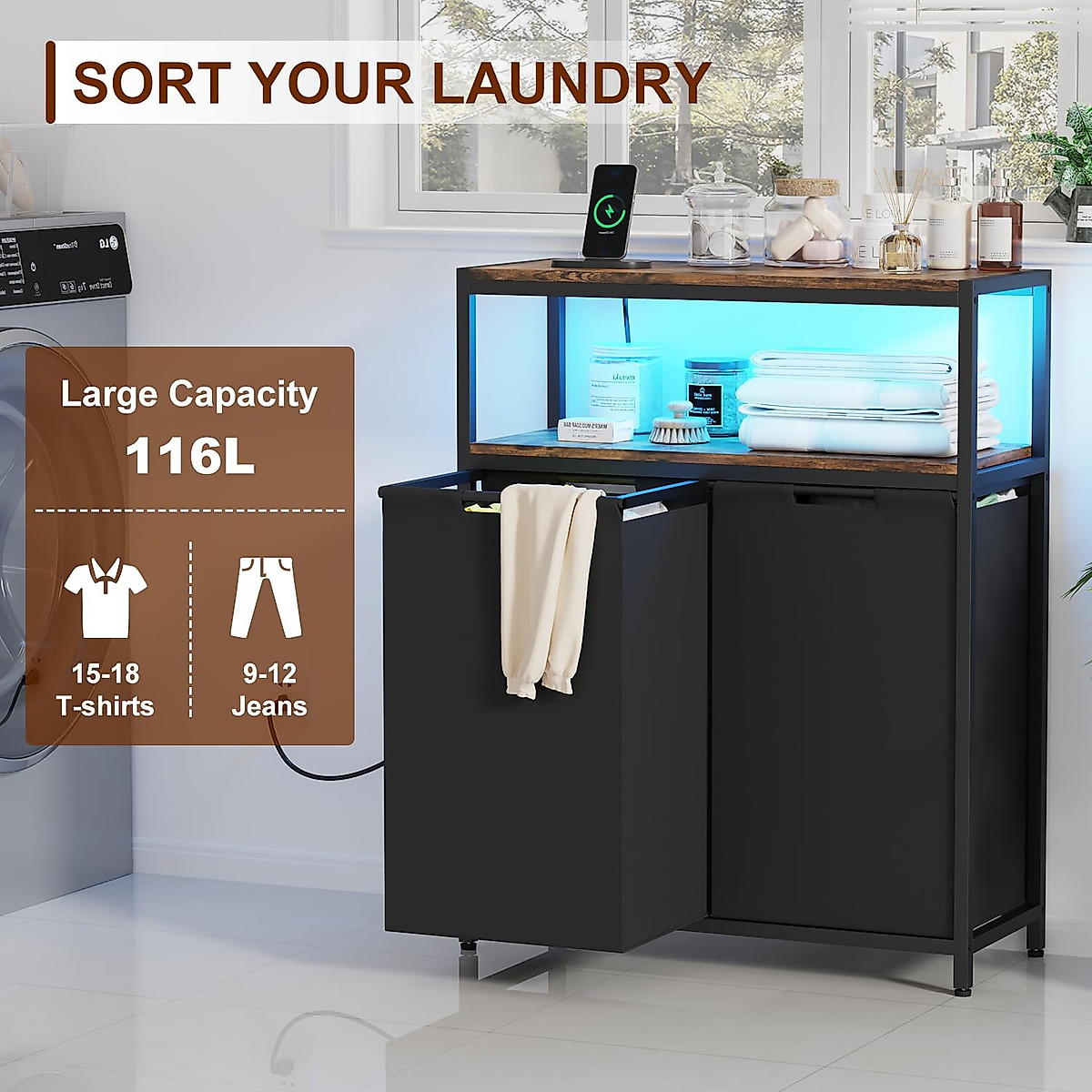 Qupui Laundry Hamper 2 Section with Shelf and LED Light, Laundry Sorter with 2 Pull Out and Removable Bags, Laundry Basket Organizer table with charging station for Laundry, Bedroom, Bathroom