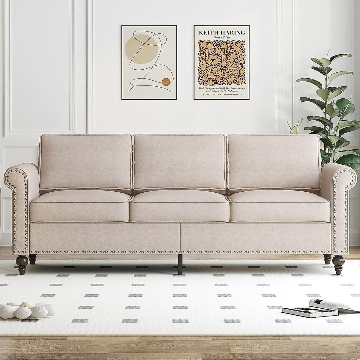 PUREMIND Sofa Couch Set, 3 Seat Couches for Living Room Mid Century Modern Couch with Solid Wood Frame Linen sectional Couch Sofa for Home for Office for Apartment Beige
