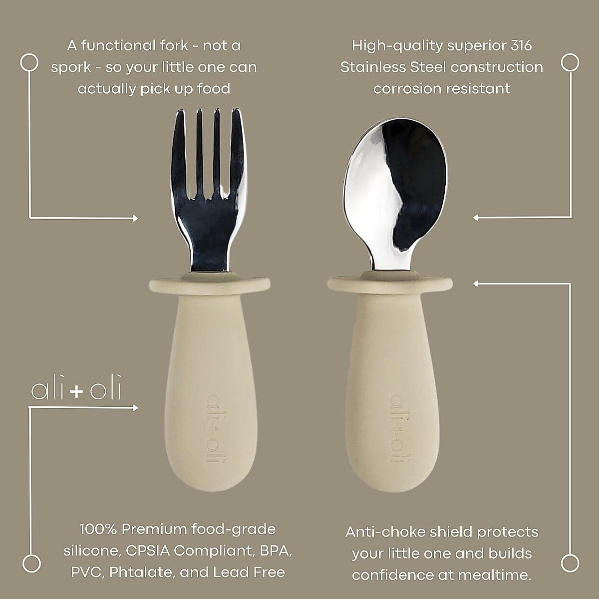 Ali+Oli Spoon & Fork Learning Set for Toddlers (Khaki) 6m+ Grab Easy BPA Free Food-Grade Silicone Handle, Kids Silverware Self Feeding Baby Utensils, Multi-stage Baby Feeding Set Ergonomic Design