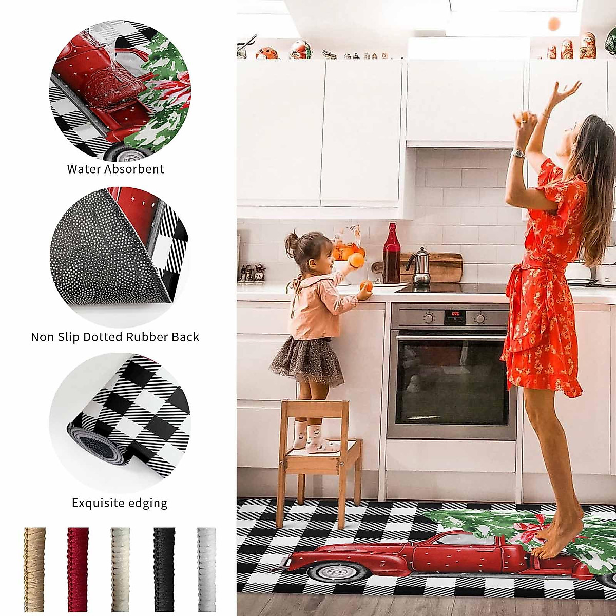 Christmas Kitchen Rugs and Mats 2 PCS Red Truck Xmas Tree Black White Buffalo Check Kitchen Mats for Floor, Farmhouse Non-Slip Rugs with Runner for Kitchen,Office,Sink,Laundry 15.7"x23.6"+15.7"x47.2"