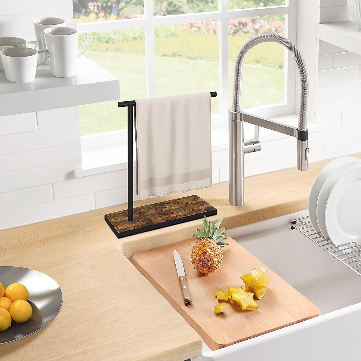 BCOZLUX Hand Towel Holder, Countertop Hand Towel Stand for Bathroom and Kitchen, Counter Towel Racks (Rustic Brown-Square Base-L Shape-Long)