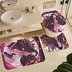 FFIS Anime 𝐃𝐞.𝐌𝐨𝐧 𝐒𝐥𝐚.𝐘𝐞𝐫 𝐍𝐞𝐳𝐮.𝐊𝐨 Bathroom Shower Curtain Set, 4 Piece Bathroom with Waterproof Shower Curtain and Non Slip Shower Mat & Toilet Lid Cover Mat U Carpet