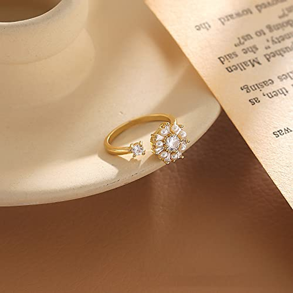 Rotatable Pearl Flower Round CZ Anti Anxiety Statement Adjustable Wrap Open Rings for Women 14K Gold Plated Cubic Zirconia Crystal Stress Relief Fidget Spinner Ring Dainty Expandable Stacking Worry Knuckle Snowflake Rings Fashion Jewelry Gifts Bff Xmas