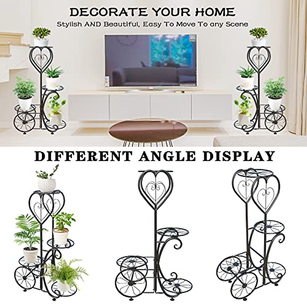 Plant Stand Indoor Outdoor - Metal 4 Tier Flower Pot Holder Display Vertical Shelves Shelf - Wrought Iron Corner Planter Rack Multiple Organizer for Garden Patio Lawn Balcony Office Black