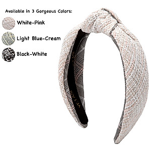 YETASI Tweed Off White Knotted Headband for Women with Hints of Pink and Gold Threading is Unique. White Headbands for Women with Knot