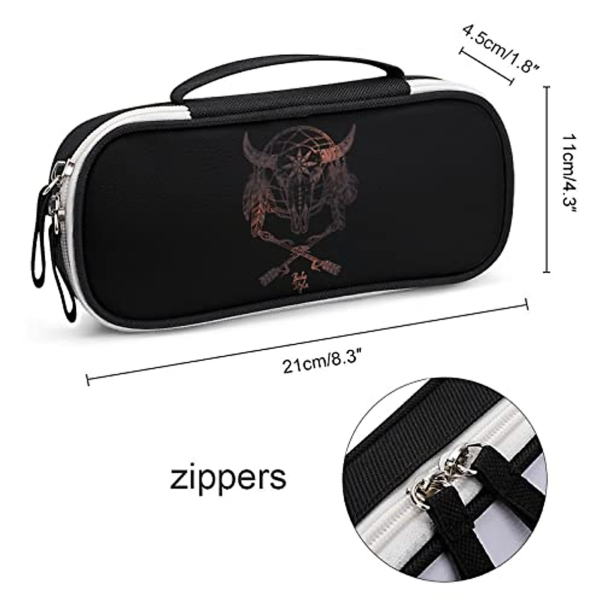 Boho Bull Skull with Indian Arrows Pencil Pen Case Portable Pen Bag with Zip Travel Makeup Bag Stationery Organizers for Home Office
