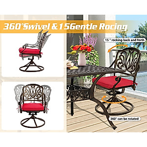 TITIMO Cast Aluminum 7-Piece Patio Dining Set with Cast-Top Table and Flower Swivel Rockers Chairs with Cushions, Outdoor Furniture Set for Backyard Porch Pool (Red)