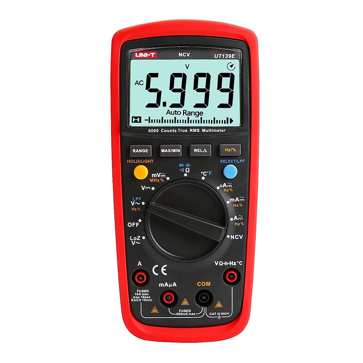UNI-T True RMS Digital Multimeter UT139E Auto/Manual Range 6000 Counts NCV LPF/LoZ ACV Analog Bar Bandwidth Measures AC DC Voltage AC DC Current Resistance Capacitance Frequency Temperature Duty Cycle