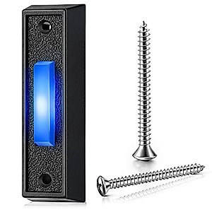 LED Lighted Doorbell Button Wired, Door Bell Ringer Push Buttons Replacement Wall Mount Door Chime Opener Switch, Black Doorbell Cover with Soft Blue Light
