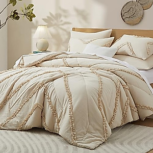 BEDAZZLED Twin Comforter Set - Beige Ruffle Comforter 3PCS Bed in a Bag, Textured Bed Comforter Chic Fluffy Bedding Set (1 Ruffle Pillowcase and 1 Solid Color Pillowcase)