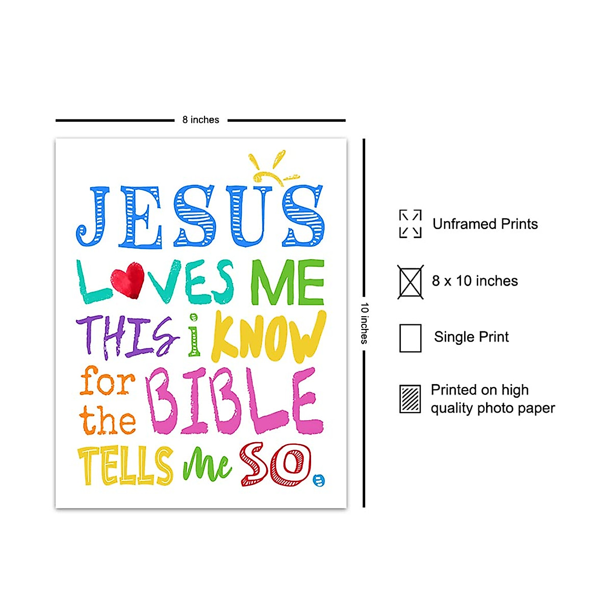 Religious Christian Kids Room Decor for Girls, Boys, Toddler Bedroom - Cute Baby Shower Gift - Jesus Loves Me Bible Verse Wall Art Print - 8x10 Poster Picture