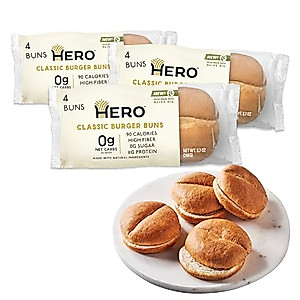 Hero Classic Hamburger Buns - Delicious Burger Buns | Net Low Carb Buns | High Fiber, 0g Net Carbs, 0g Sugar & 90 Calories Per Serving Burger Rolls (12 Buns, Pack of 3)