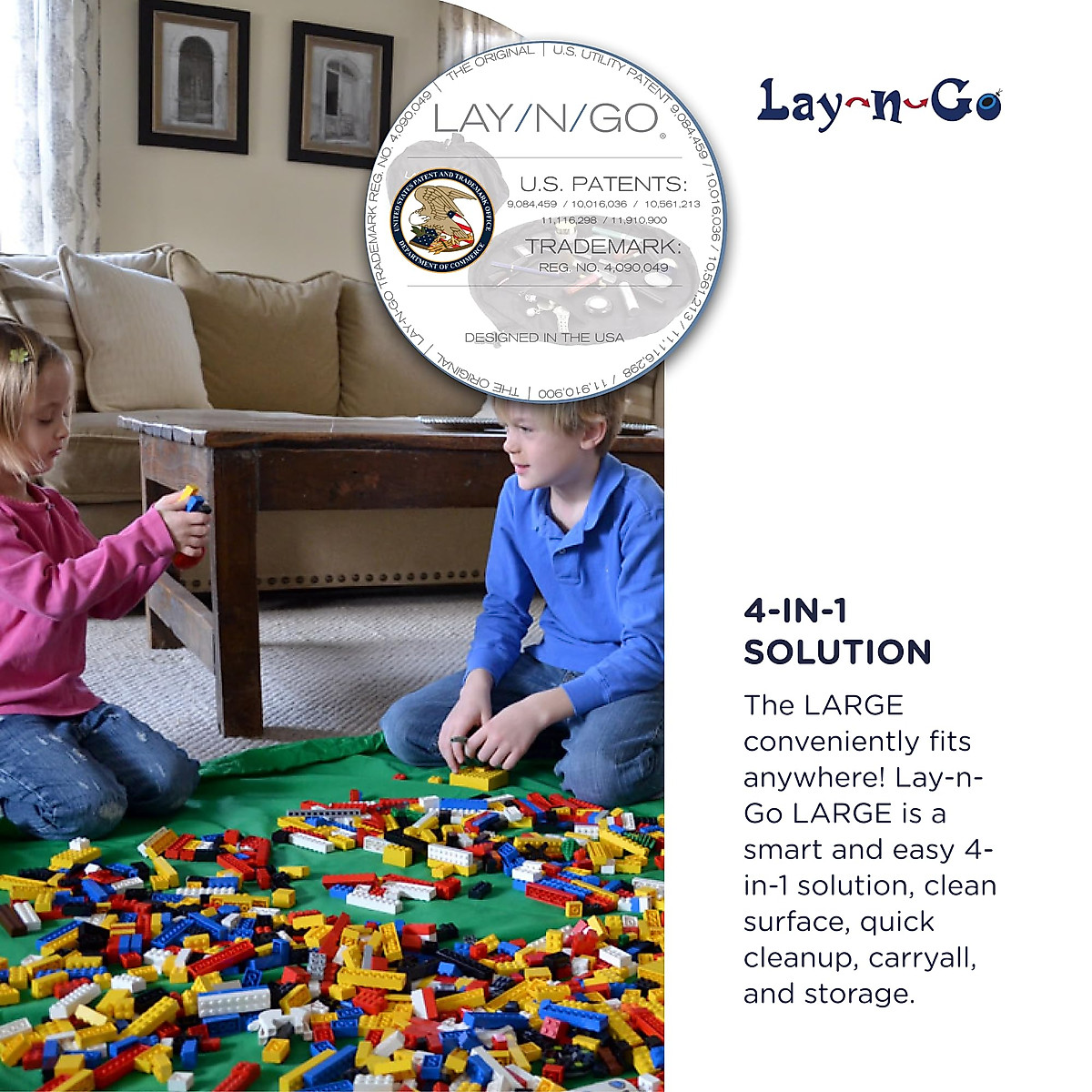 Lay-n-Go 2-in-1 Extra Large Portable Drawstring Toys Storage Organizer and Play Mat for Room and Travel, Made for Kids and Toddlers with a Durable Patented Design, 60 inch, Green