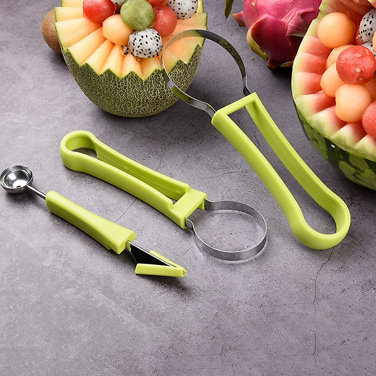 Suuker Melon Baller Scoop Set,4 In 1 fruit cutters shapes for kids, watermelon scooper fruit scooper and baller, Seed Remover Knife and fruit carving tools（Green）