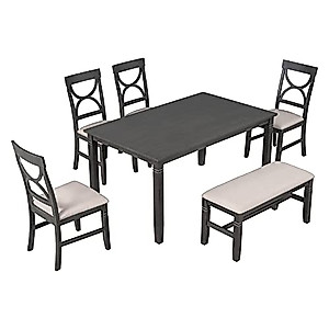 WOZNLA Room 6-Piece Farmhouse Dining Set | Rustic Wood Table with Cushioned Chairs, Bench, and Sturdy Base | Family-Friendly Kitchen Furniture | Comfortable Seating for Memorable Meals, Gray