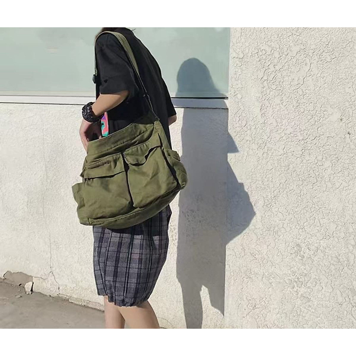 GAI Canvas Messenger Bag For Women Large Hobo Bags for Men Crossbody Hippie Bag Multi-pocket Aesthetic Grunge Shoulder Bag (One Size,Army Green)